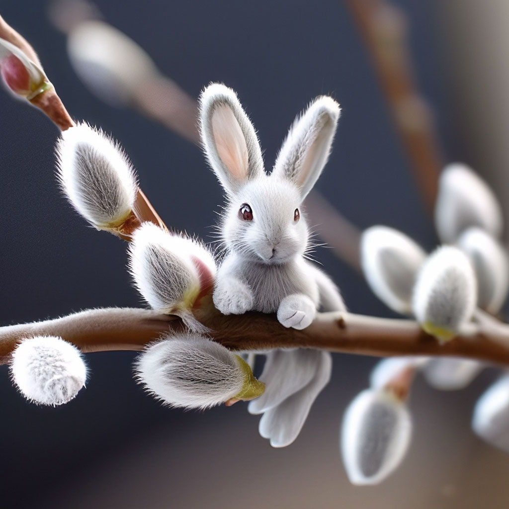 "Palm rabbits on a willow branch there are tiny round fluffy cute gray ...
