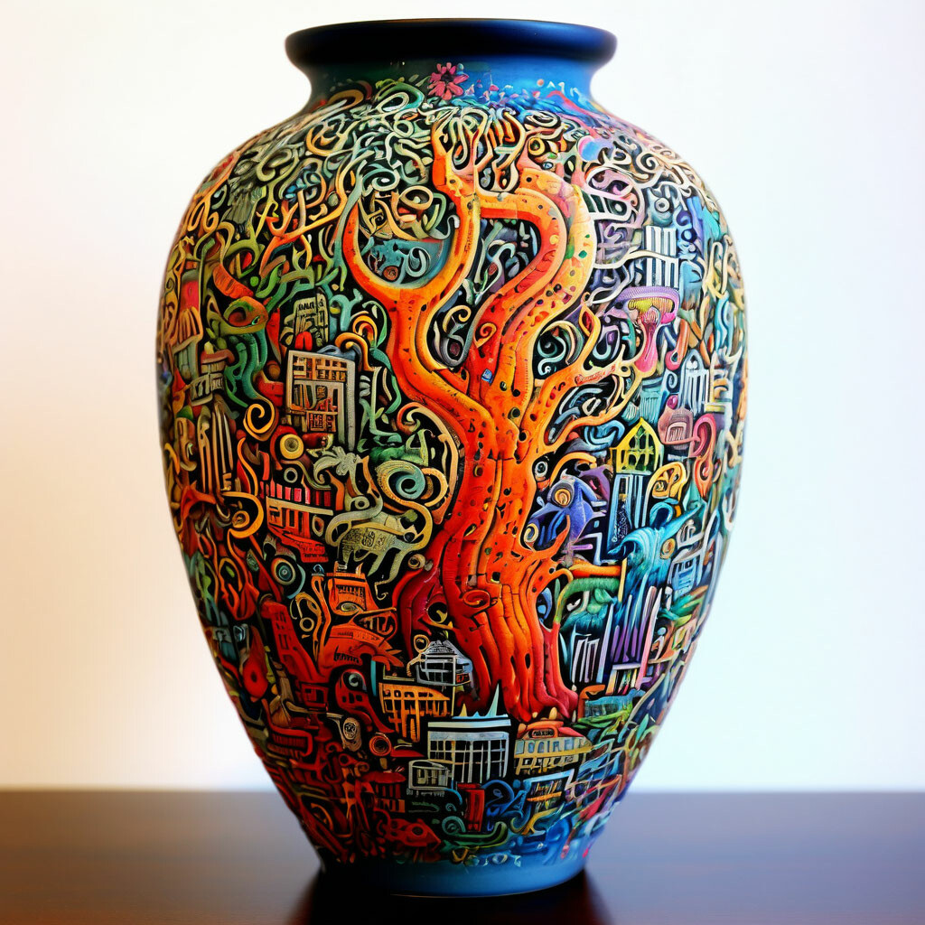 "Painting on a vase in the artistic style of Chris Sukut" — image ...