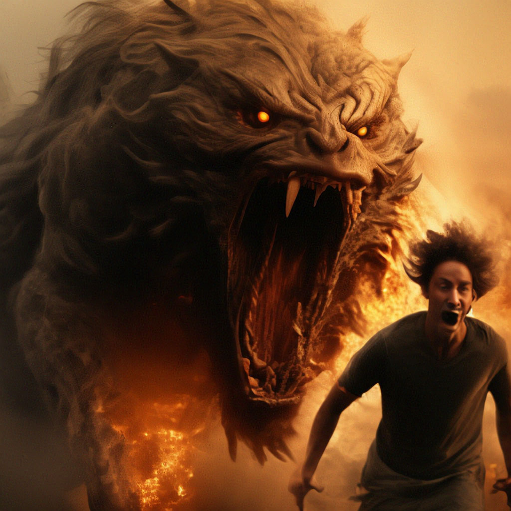"The man running from the beast is terrified, the beast is behind ...