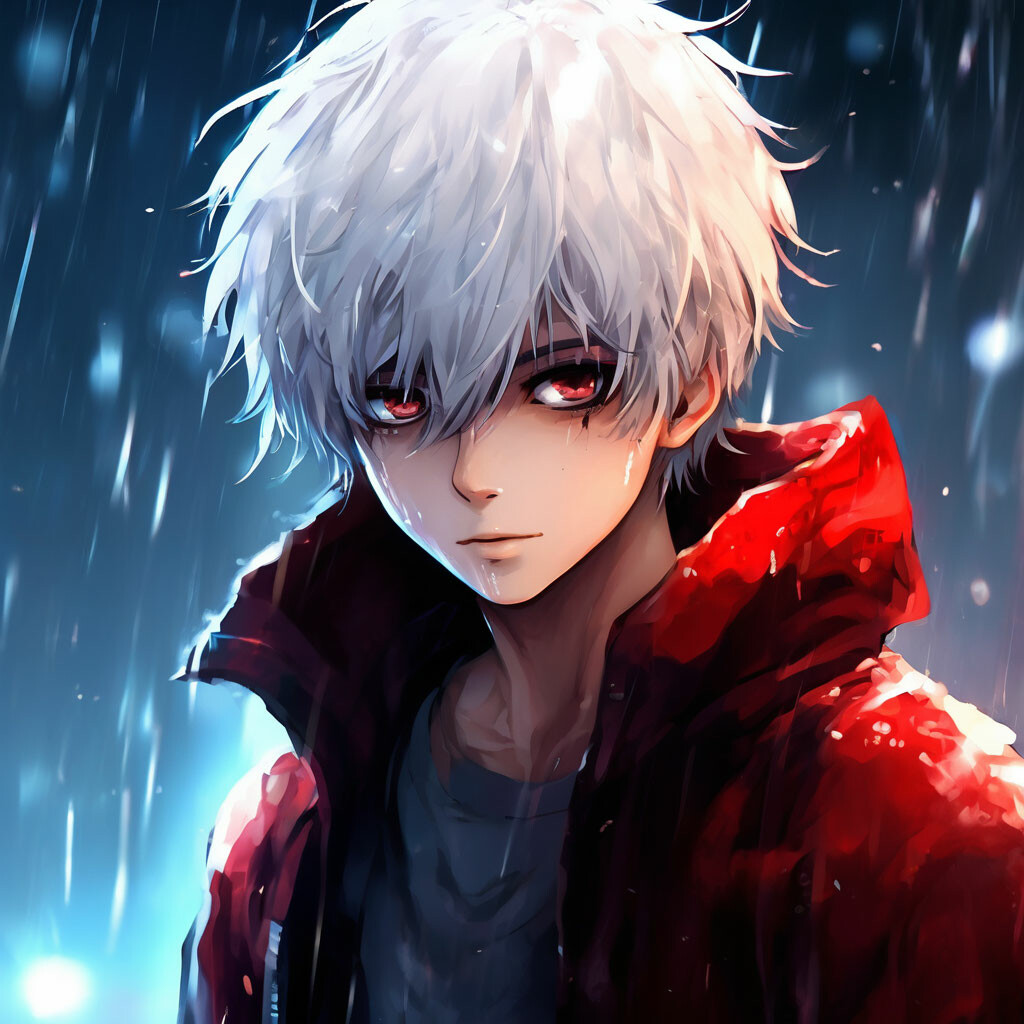 "Anime boy with white hair and standing in the rain, with red, ken ...