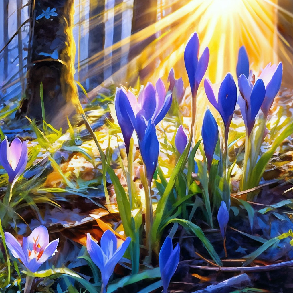 "Atmospheric mother-of-pearl watercolor, May, bright crocuses,rays of ...