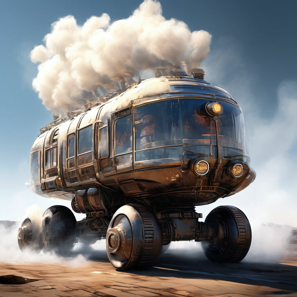 " @awhite futuristic walking steam bus in dieselpunk+cyberpunk style ...