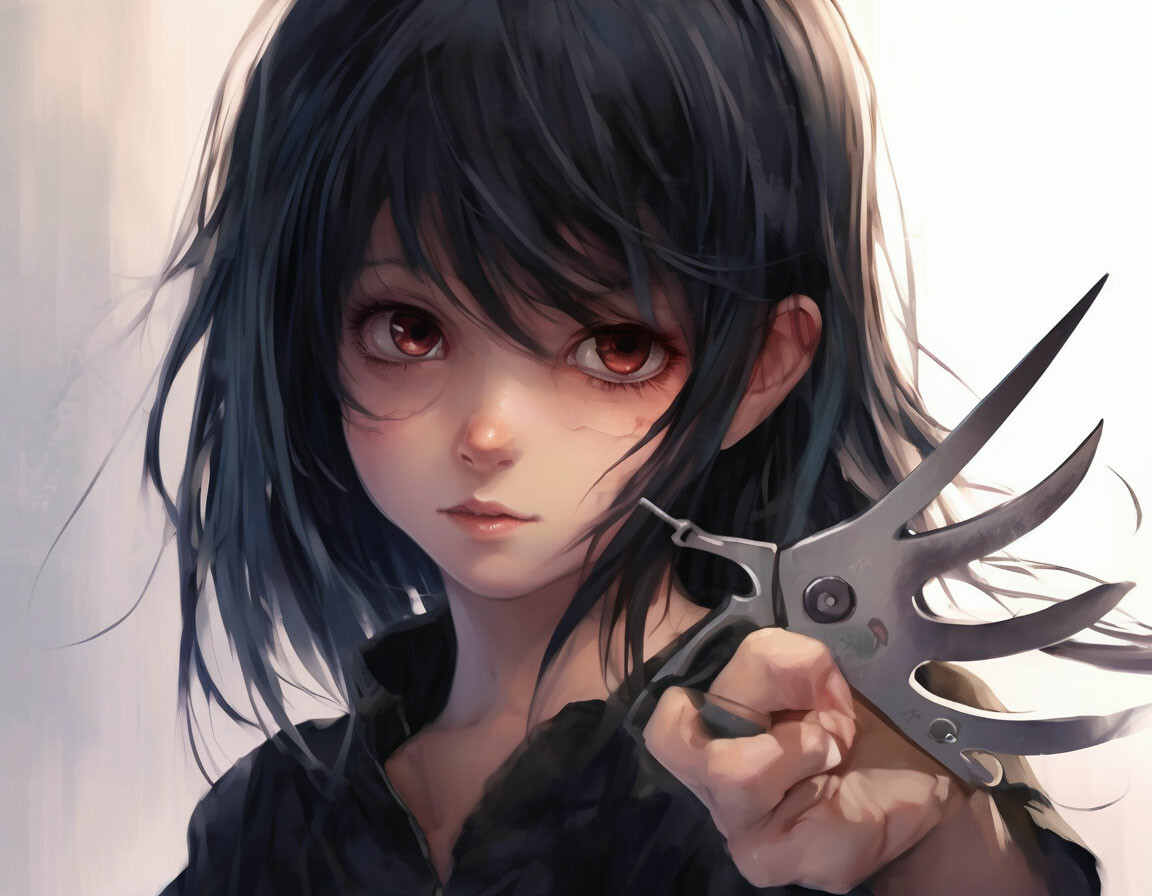 "Girl, scissors in hand, anime" — image created in Shedevrum