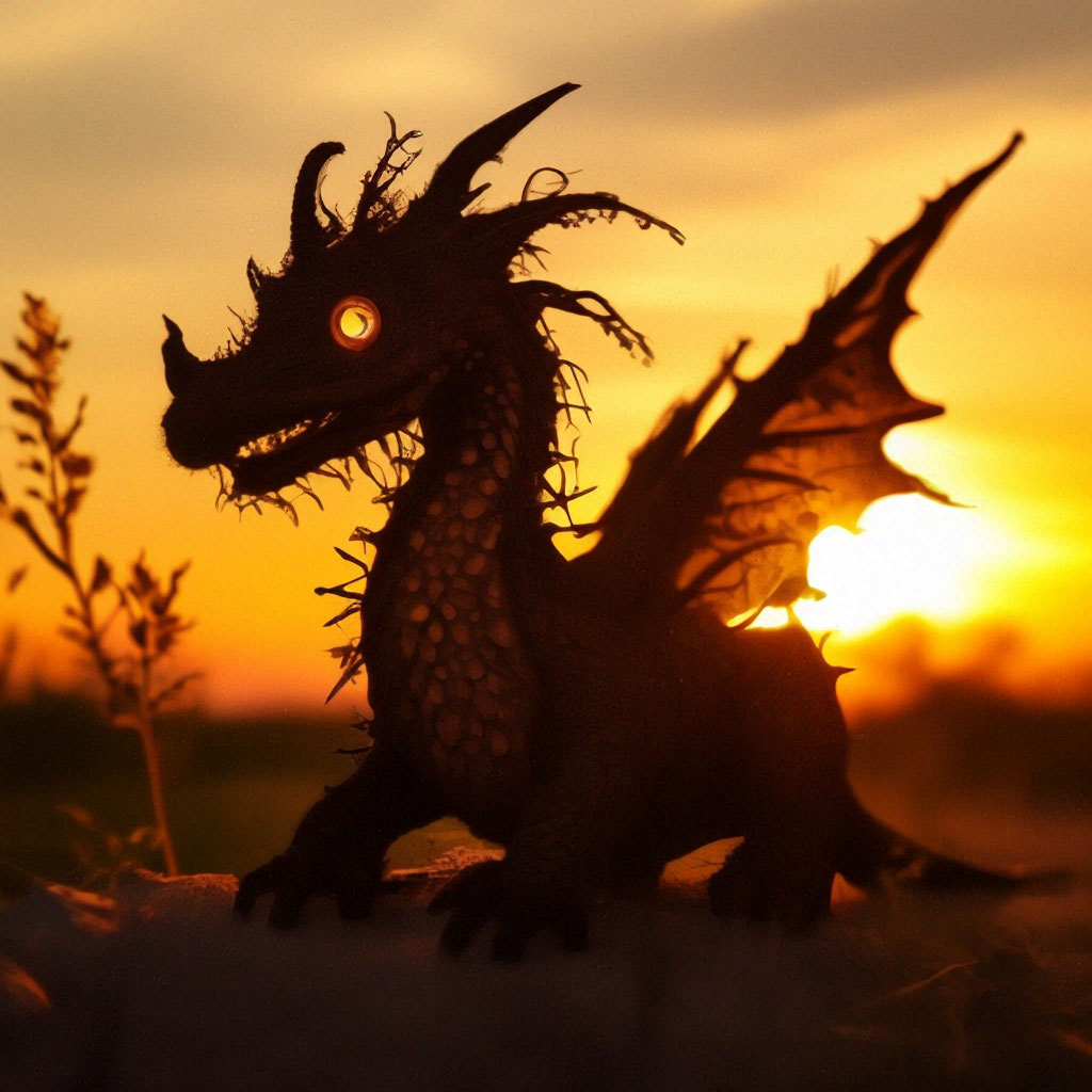 "A cute dragon made of thin twigs in the light, against the background ...