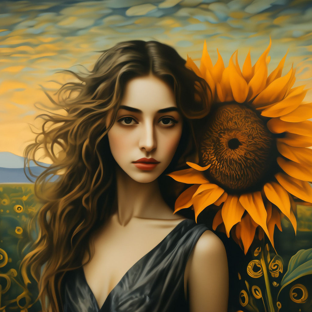 "A girl and a sunflower Primitivism Round Canvas Fine art Contemporary ...
