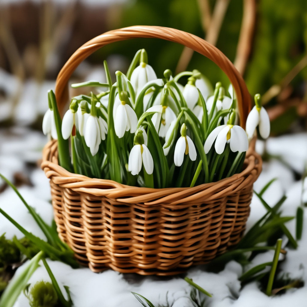 "A basket, snowdrops in a basket, stands in a clearing half under snow ...