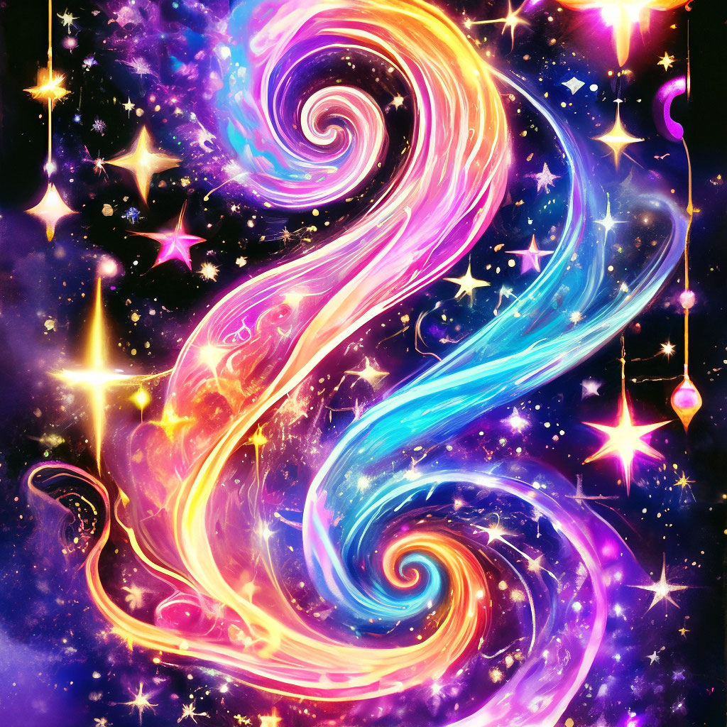 Tarot cards spiral among the stars in space, twisting into a luxurious ...