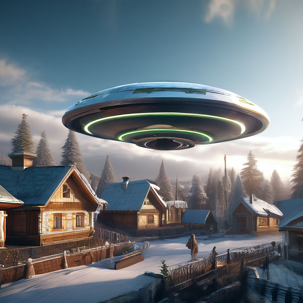 "A flying saucer hovered over a Russian village, close-up, high detail ...