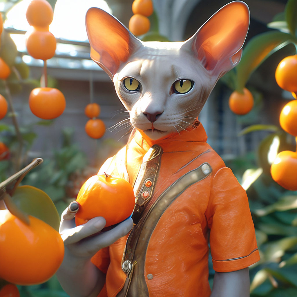 "A sphinx cat in an orange T-shirt holds a persimmon. Orange interior ...