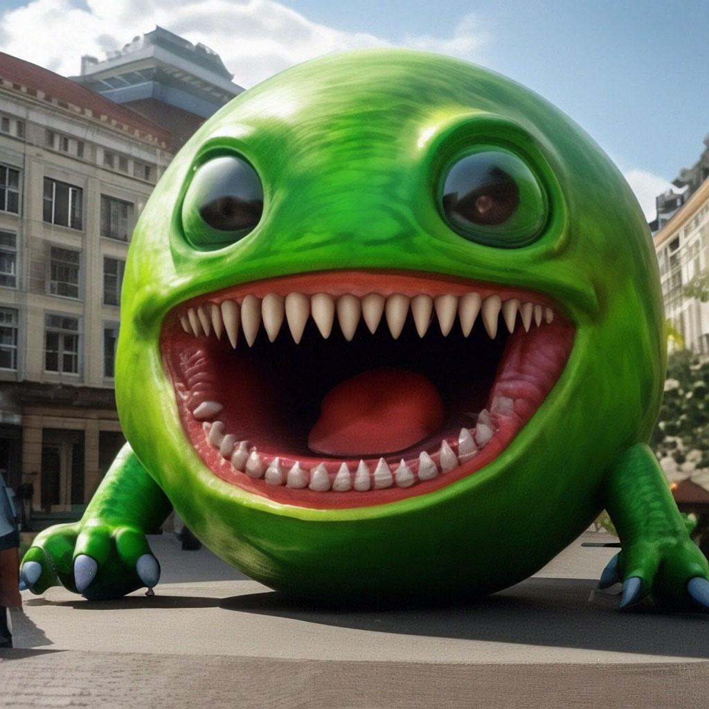 "A huge green round monster in the form of a bubble with a big mouth in ...