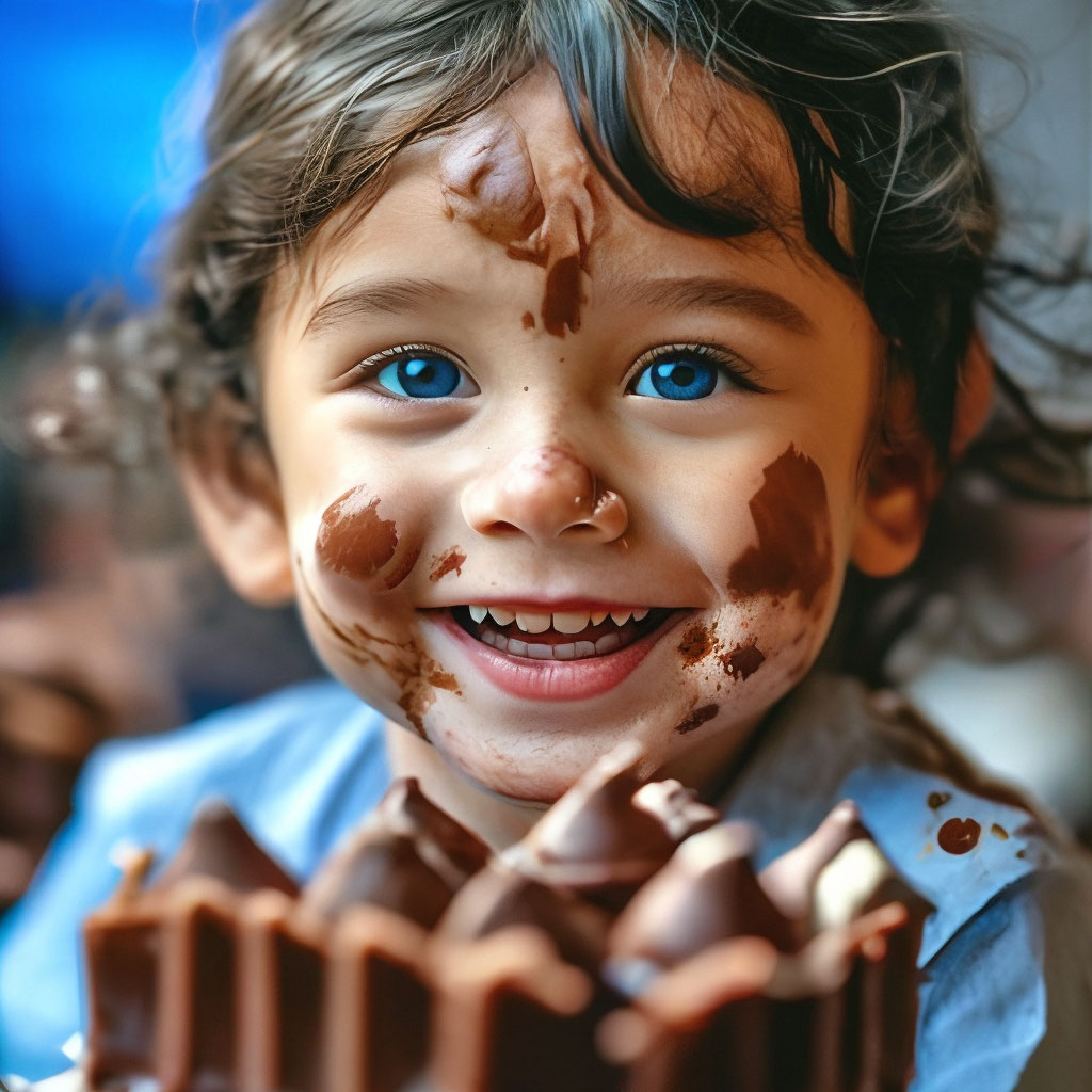 "Little kid, all stained with chocolate, chocolate cake, chocolate ...