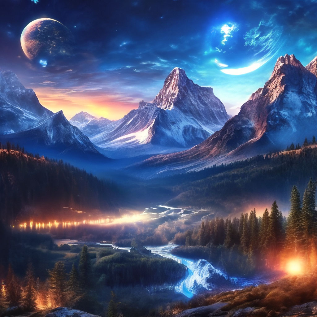 "Fabulous landscape mountains, zenith tones, forest sunset, on the ...