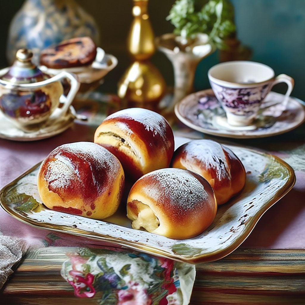 "Bun with sausage, gingerbread before tea" — image created in Shedevrum
