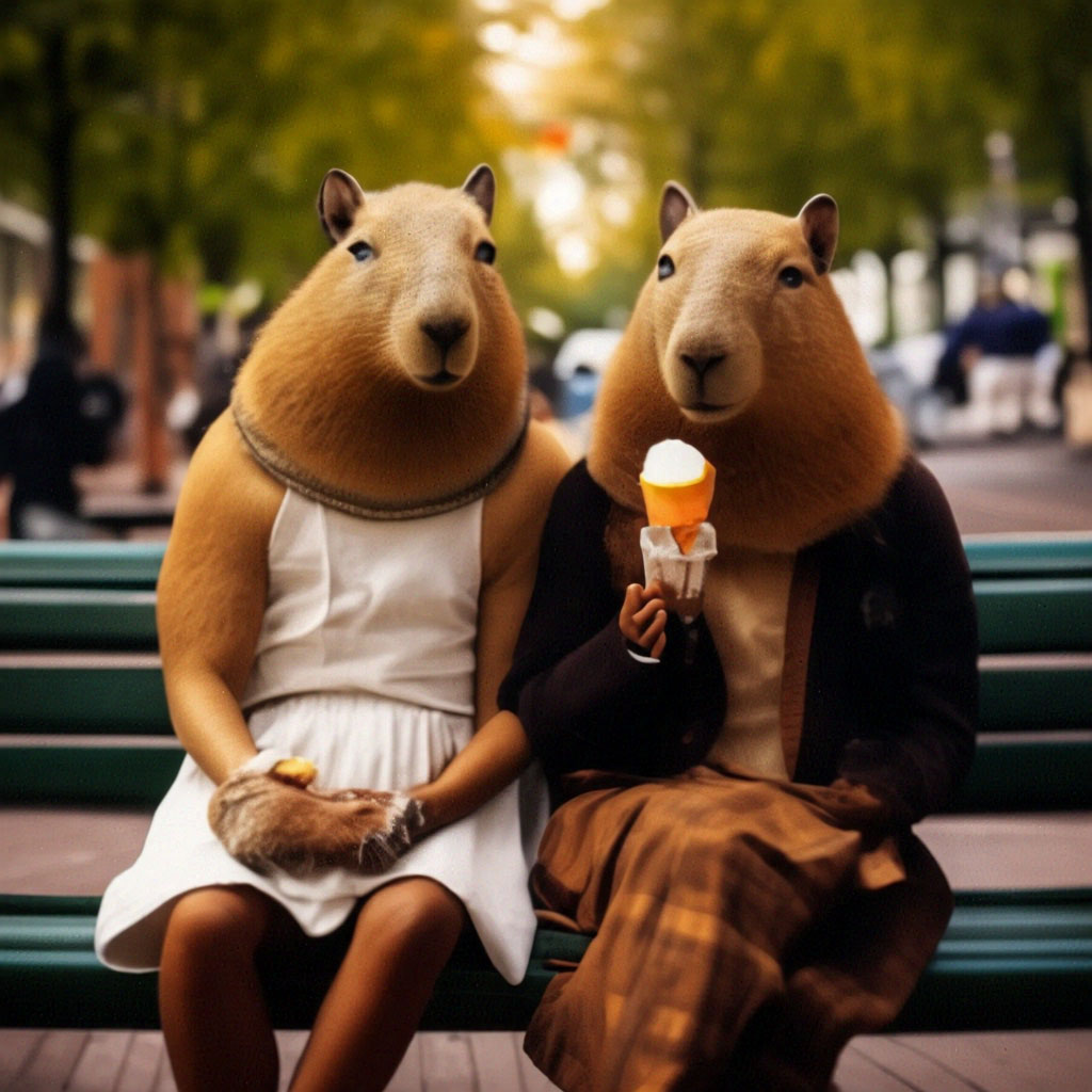 "Two girls with capybara heads are sitting on a bench What are you ...