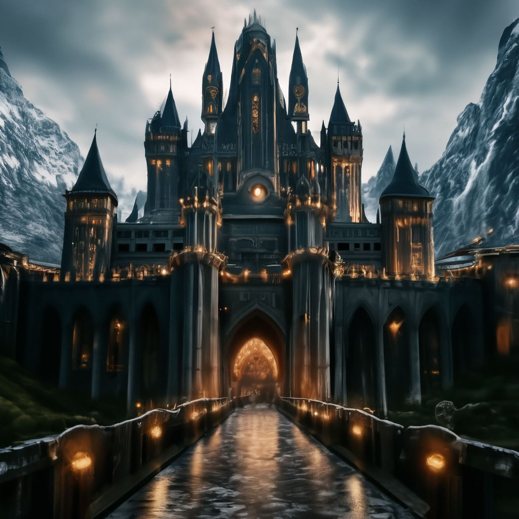 "The environment in a fantasy world of Tolkien, gothic big castle ...