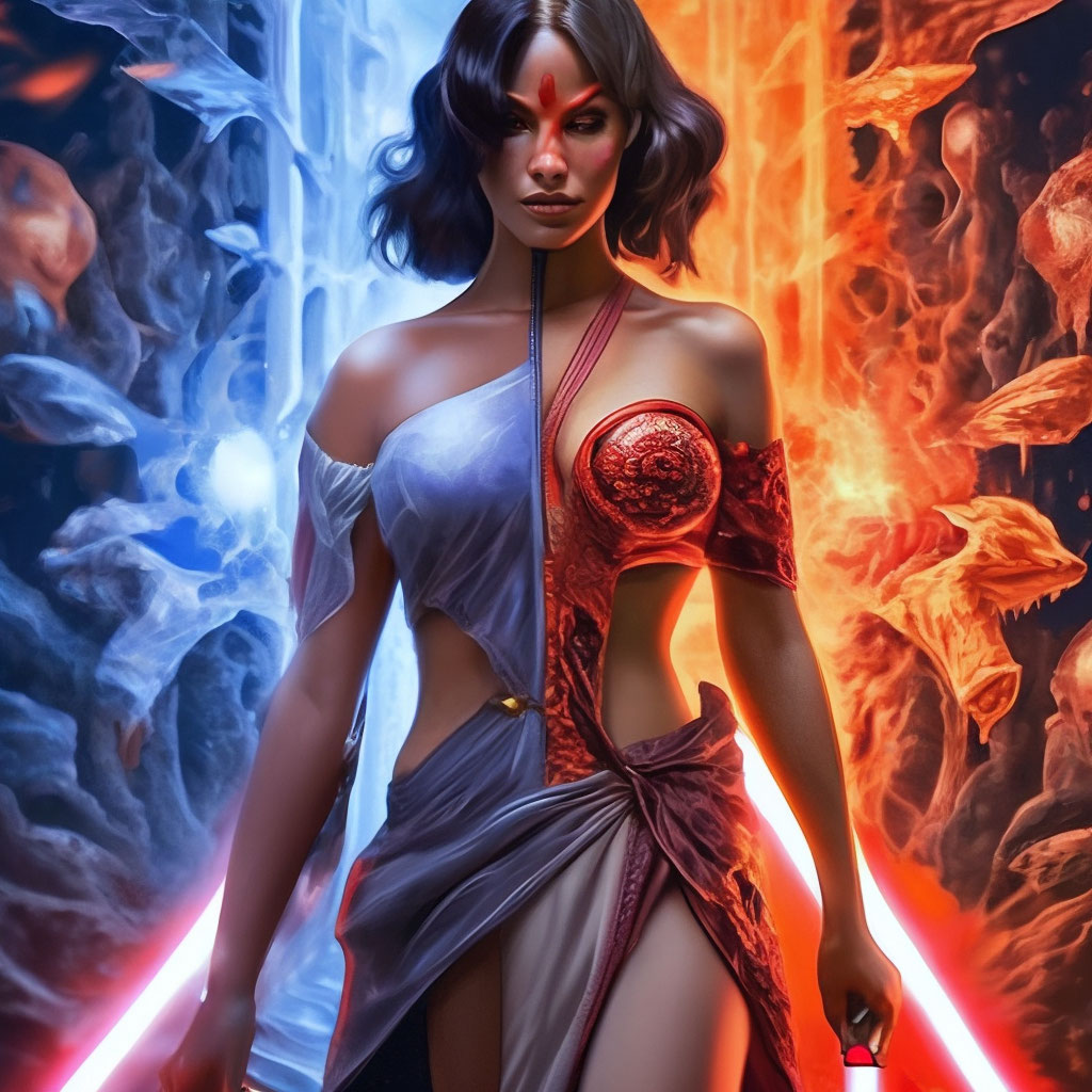 "Star Wars photorealism, ,symbiotic fusion of two halves, female image of two halves Buxom Jedi ...