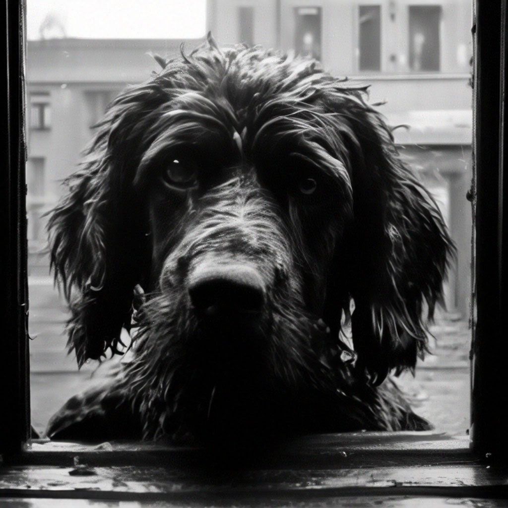"The gray hues of an autumn day envelop a haggard dog standing behind a ...
