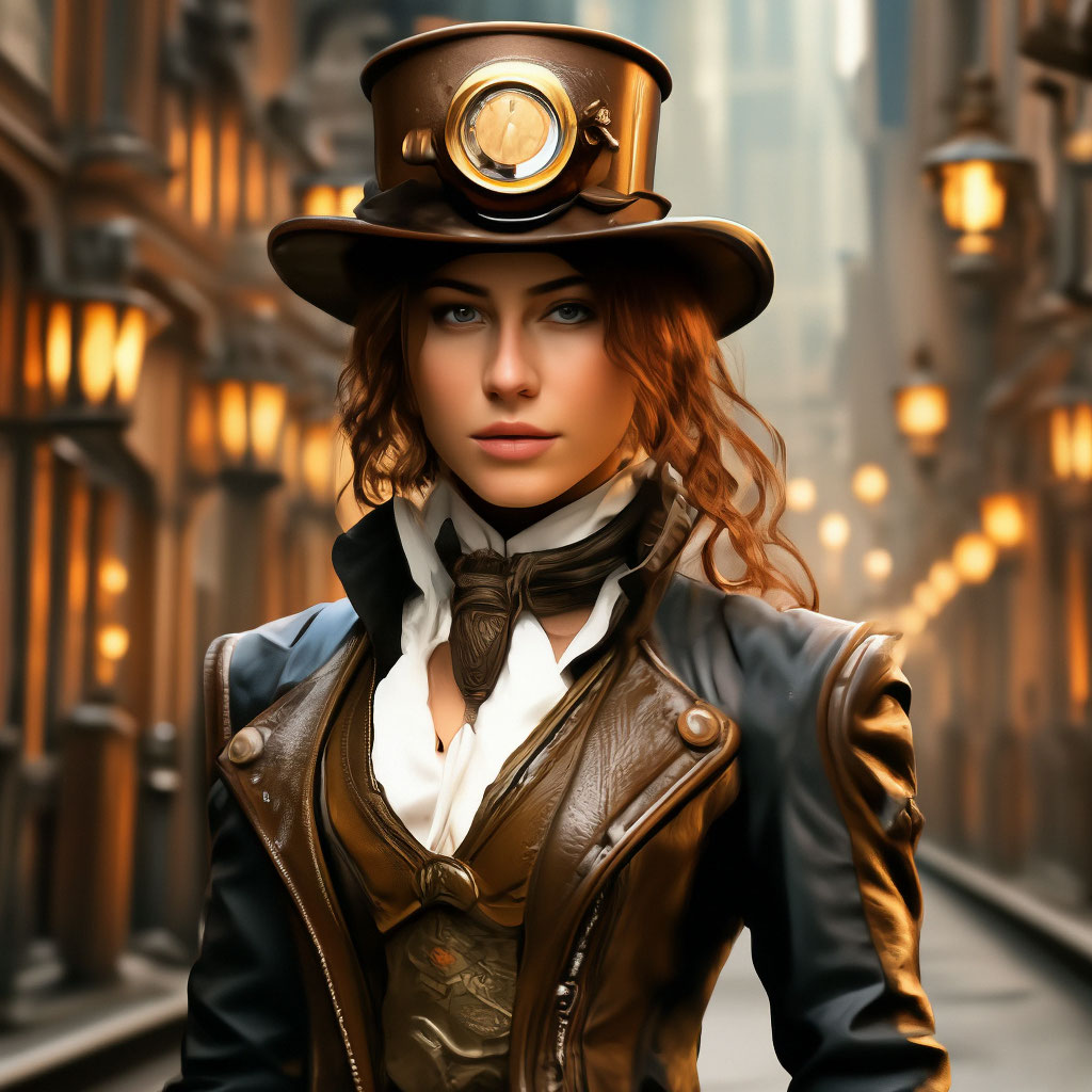 "Steampunk Time Voyager, a female time traveler exploring a Victorian ...