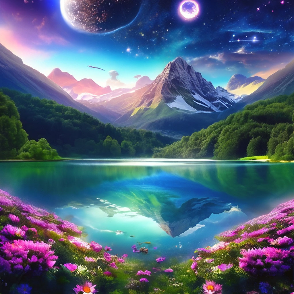 "Professional photo,64k superdetalization epic crystal lake,flowers in ...