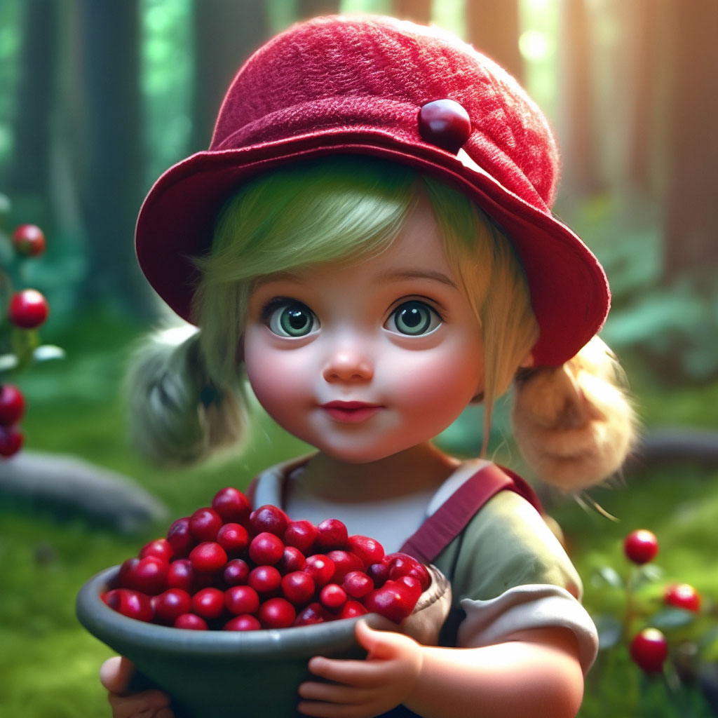 "Cute girl, huge eyes, cartoon gute baby girl in a cranberry hat ,with ...