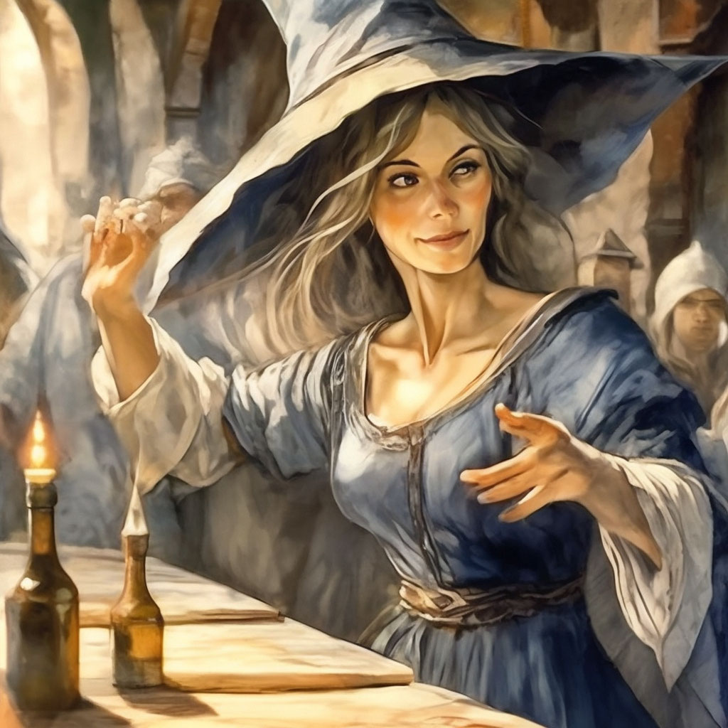 "Fantasies A beautiful witch in a pointed hat, high-detail face ...