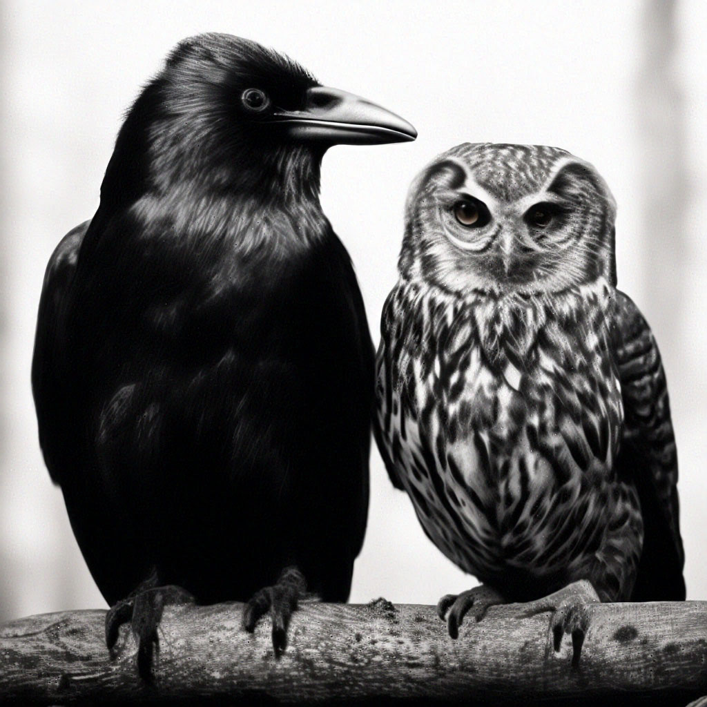 "The Raven and the Owl. A keepsake photo." — image created in Shedevrum