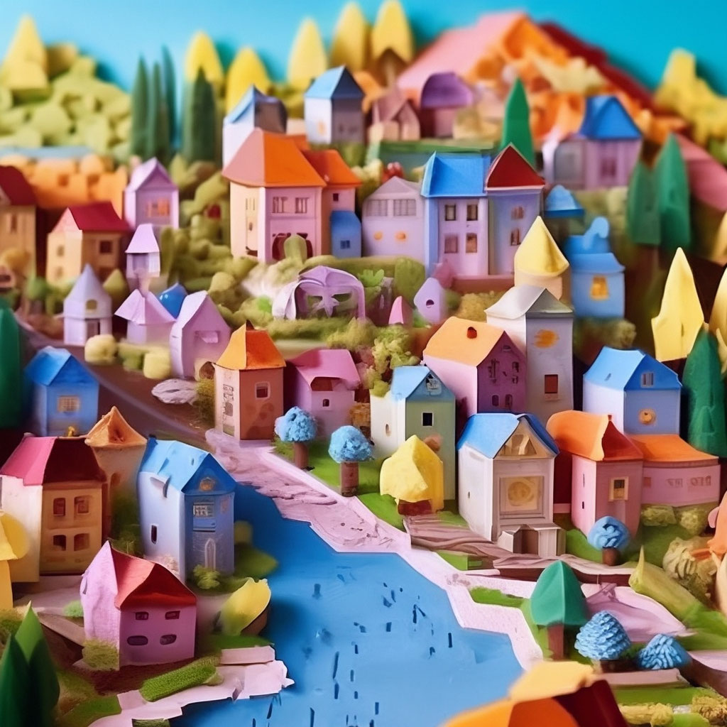 "A beautiful village of many layers of paper glued together, pastel ...