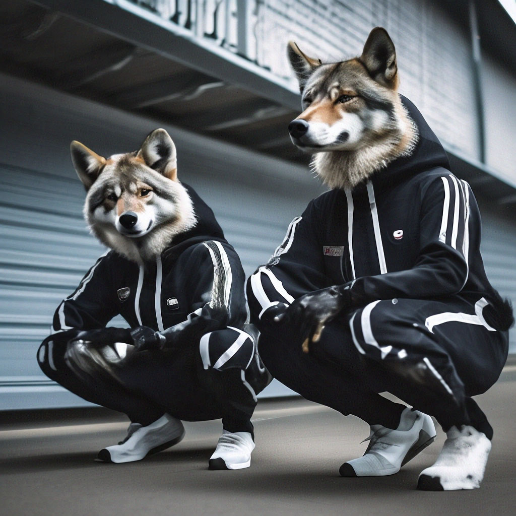 "Two wolves squatting in black tracksuits with three white stripes ...