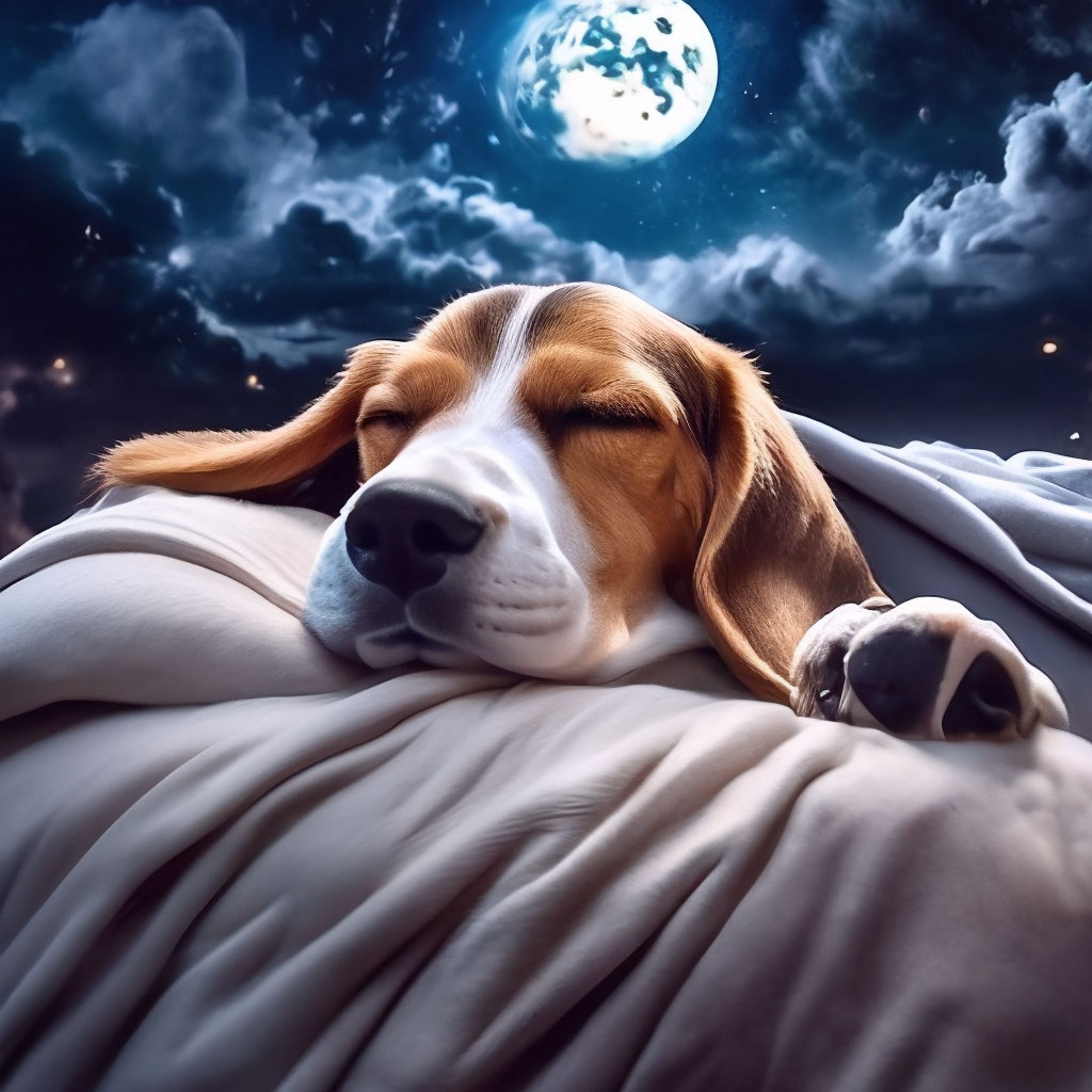 "Goodnight! A cute beagle dog sleeps on its side in a large bed with ...