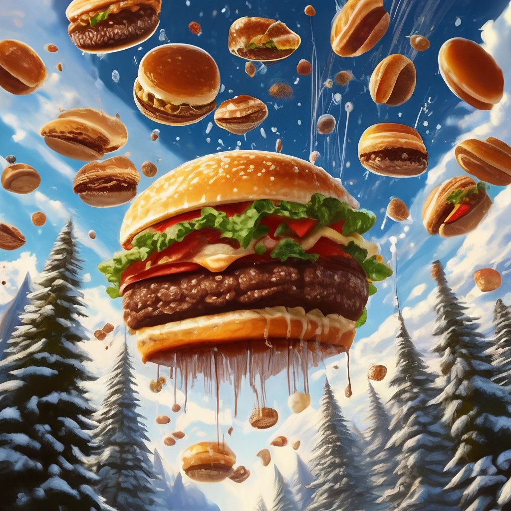 "Burgers are falling from the sky, a stream from below, large fir trees ...