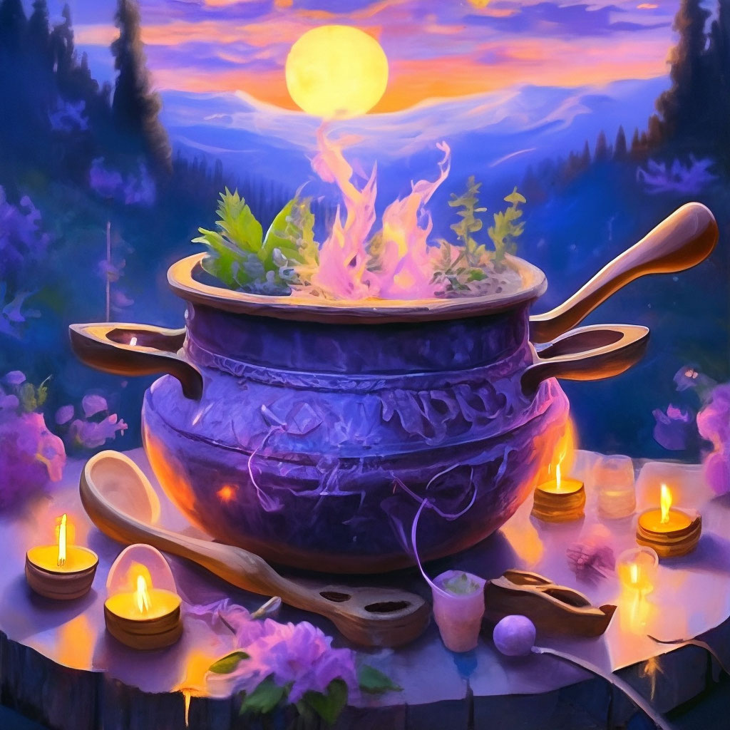 "There is a large wooden spoon, there is a cauldron from the back ...