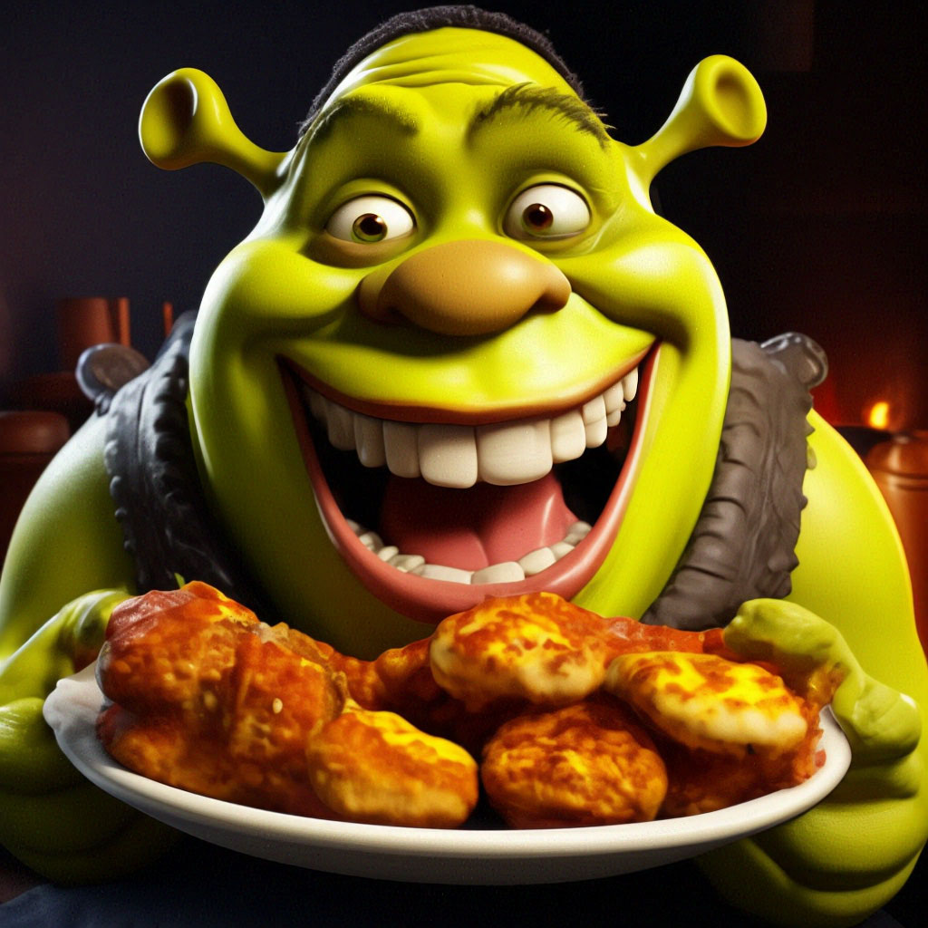 "Fat Shrek with bulging eyes and wide open mouth holding a huge fried ...