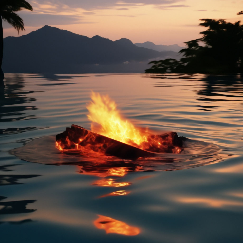 "Fire floating and drifting over the water of aninfinity pool ...