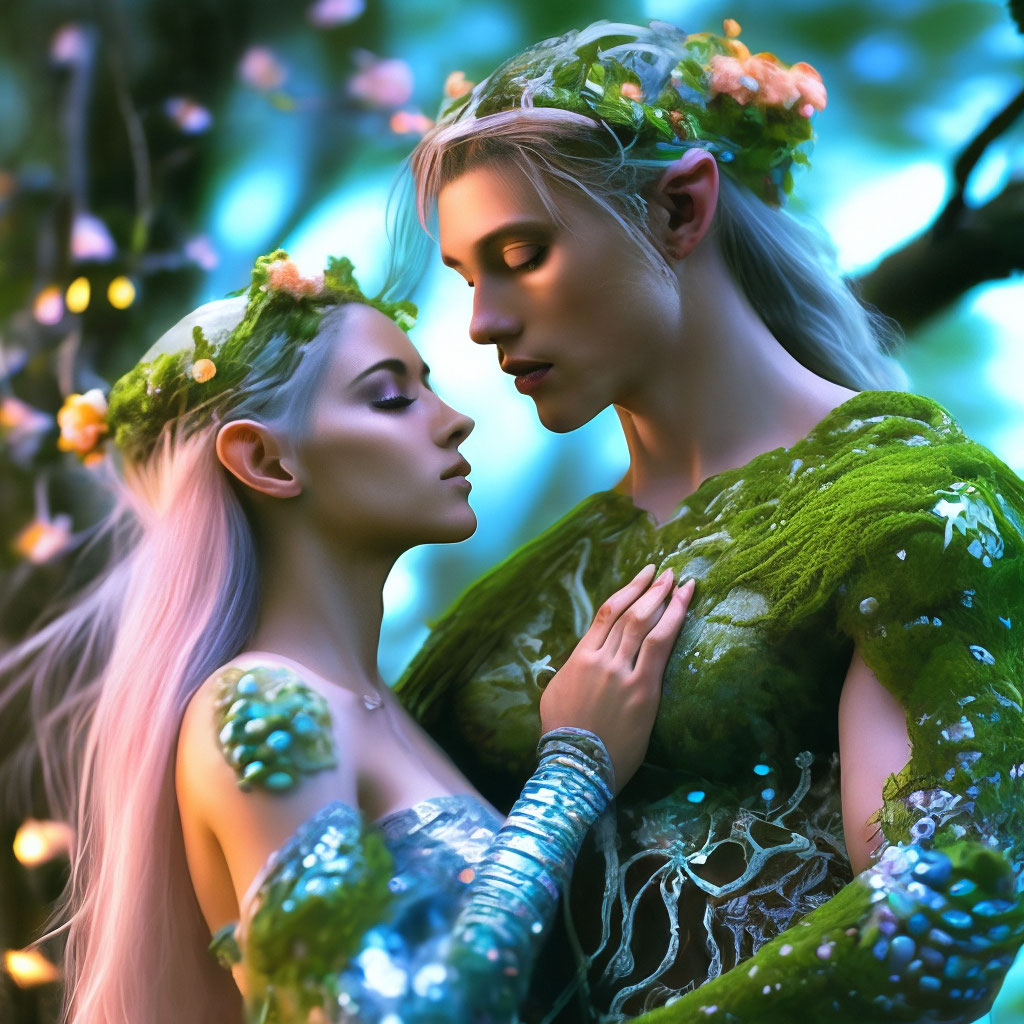 "Woman + Man +trees, lovers, very beautiful, Elven theme, moss instead ...