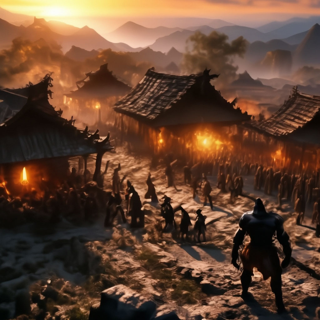 "Gotai and the orcs destroy the village" — image created in Shedevrum