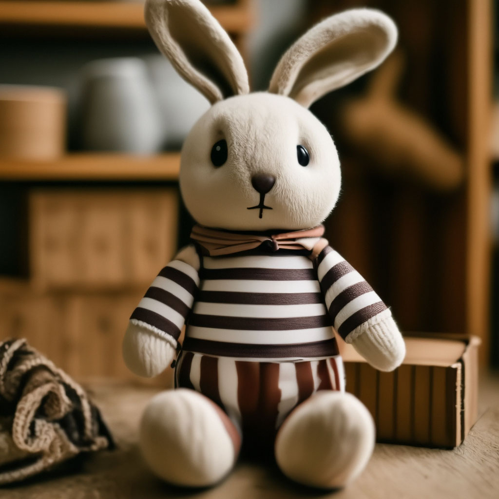 "A stuffed rabbit in striped pants" — image created in Shedevrum