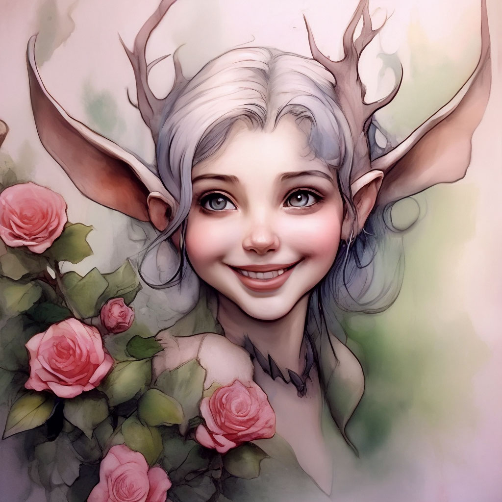 elf, snub-nosed nose, smiling, beautiful expressive eyes, charming on ...