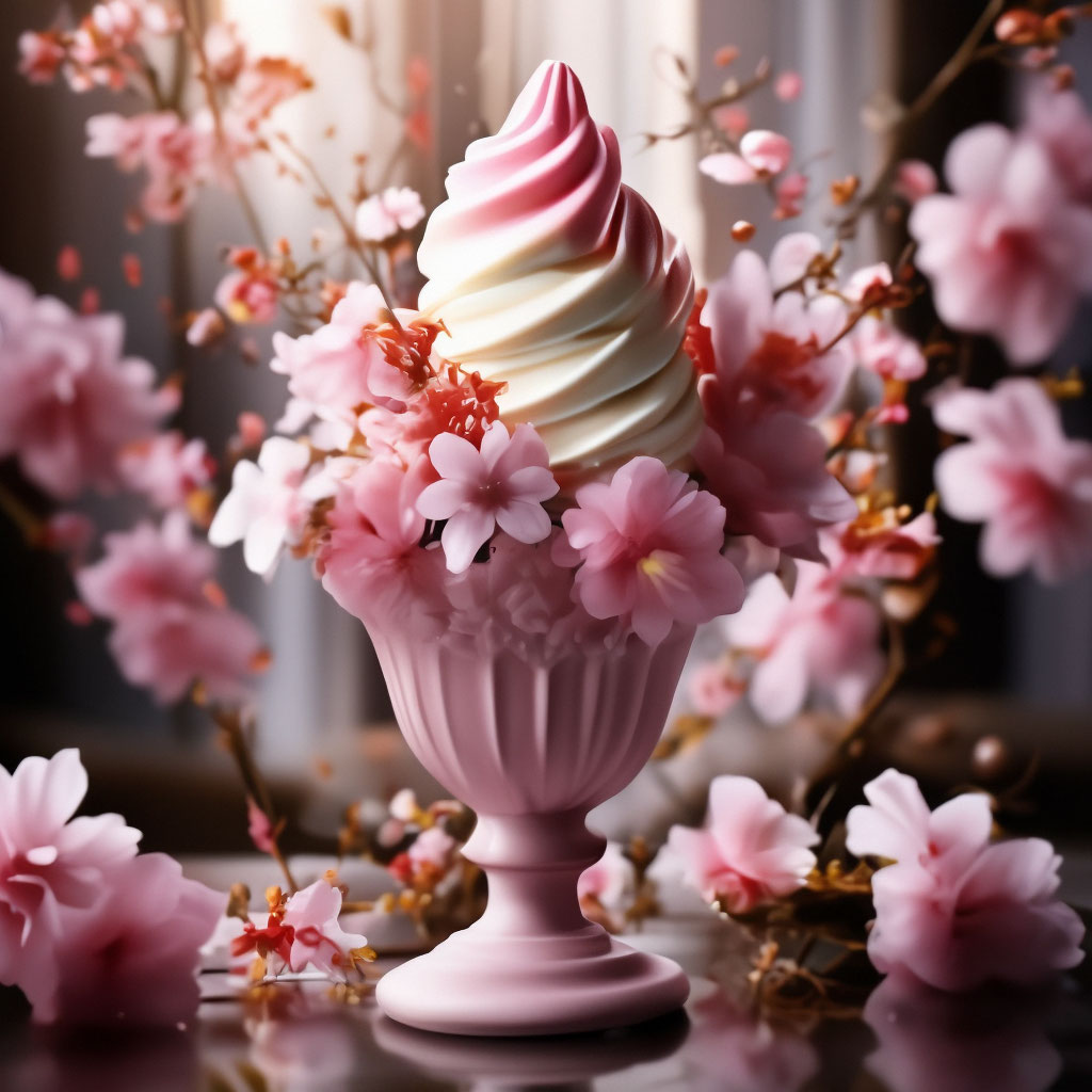 "Pink and white ice cream, decorated with vines and cherry blossoms, in ...