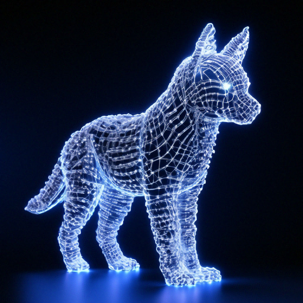 "White neon lynx of glowing dots on a dark blue background, pixel art ...
