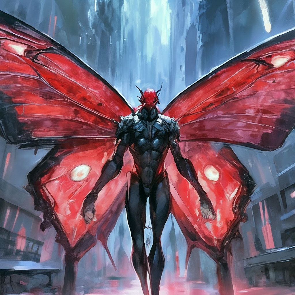 "The moth man epic, mystical, black and red watercolor, high detail ...
