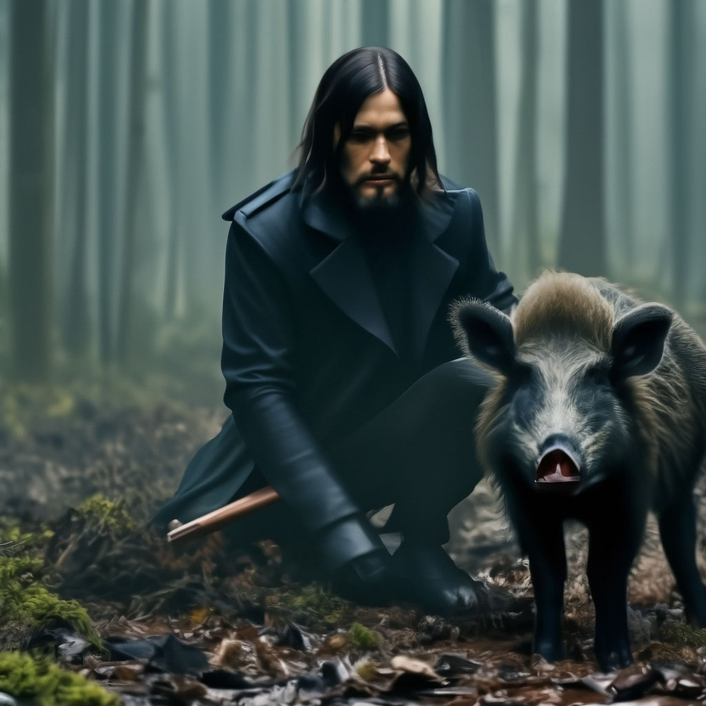 "Jared Leto roasts a young boar in the summer" — image created in Shedevrum