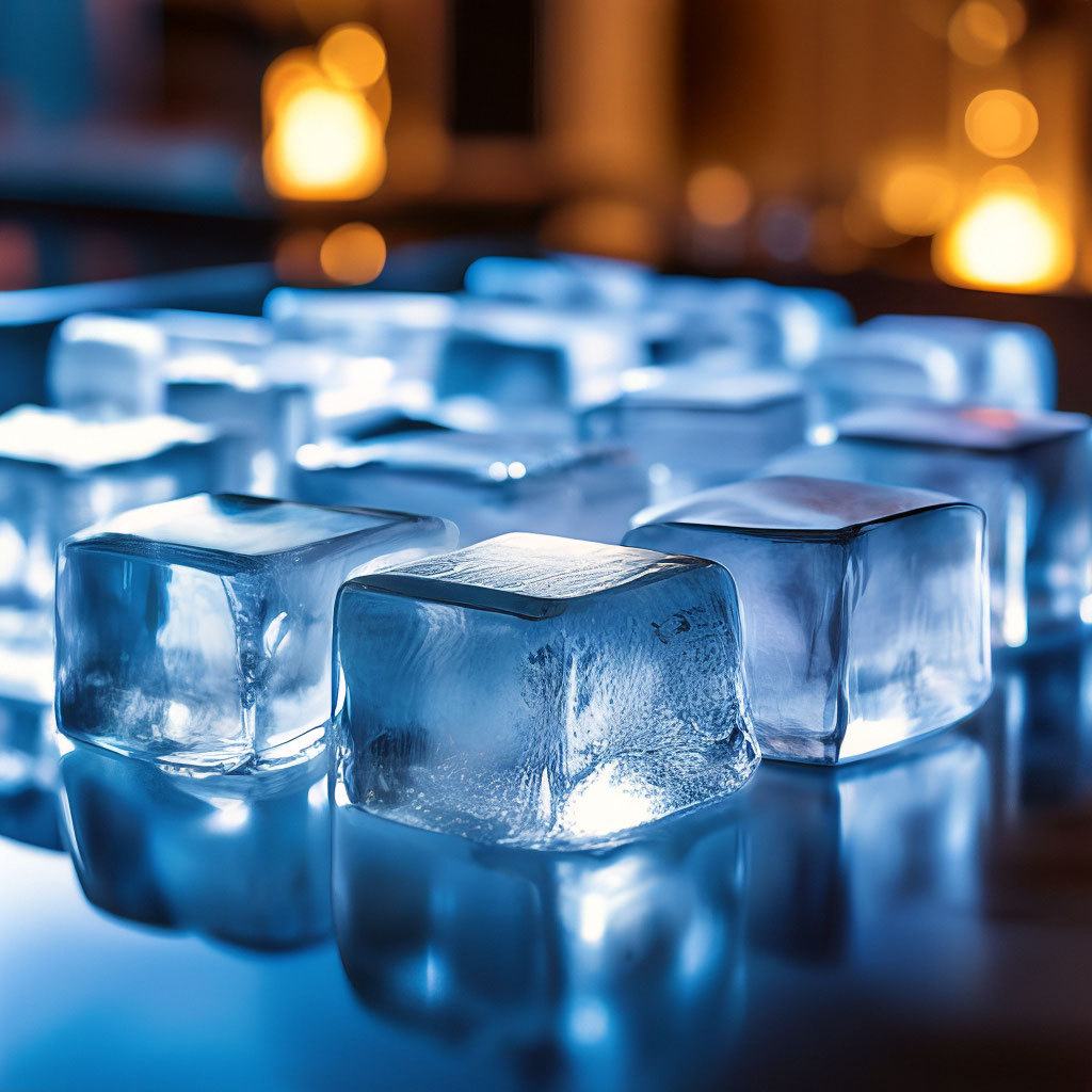 "Perfectly smooth ice cubes lie on a glass table. The back light of the ...