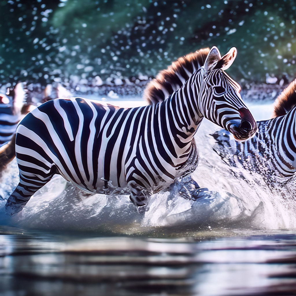 "Zebras swim in the river, spray up to the sky uncut painting , biology ...