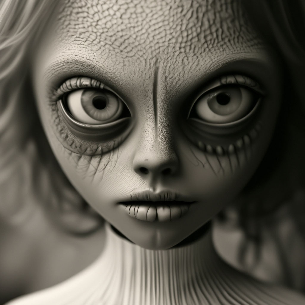 "Funny anthropomorphic girl weirdo monster, big bust, old black and ...
