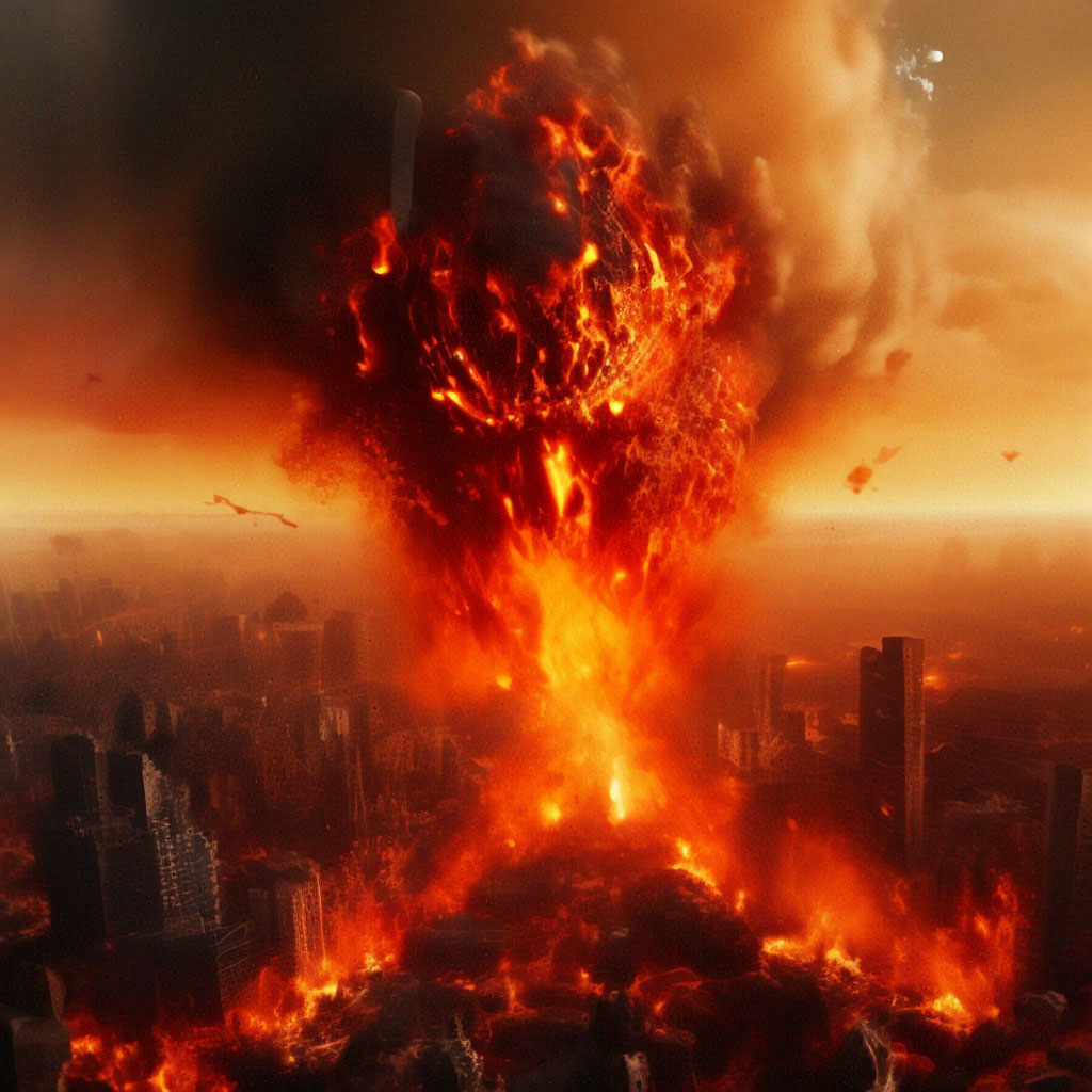 "A raging fire, a city on fire, a view from afar, flames to the sky, a ...