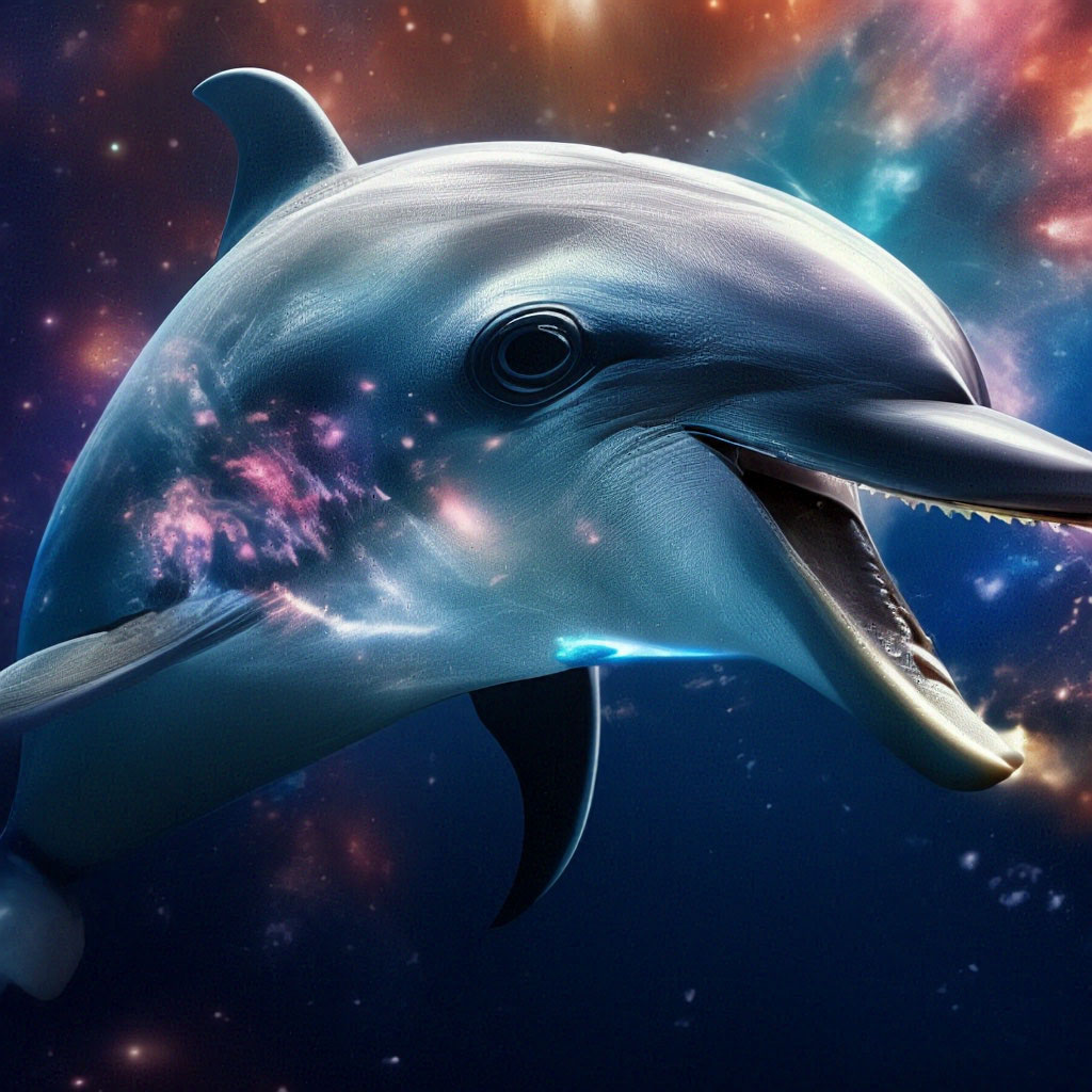"Dolphin swims in space, many stars, galaxies, auroras, surrealism ...