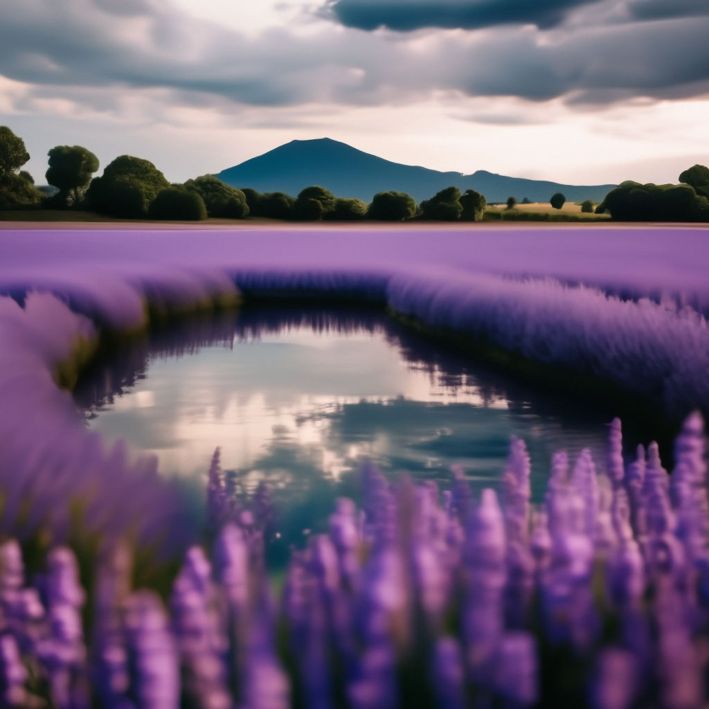 "A lake in the middle of a lovanda field" — image created in Shedevrum