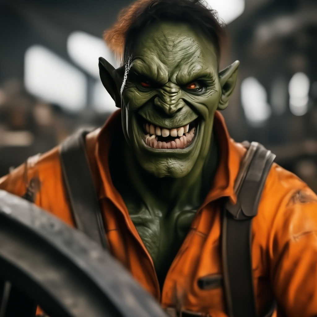 "A man in the image of an orc works as a loader, orange overalls ...