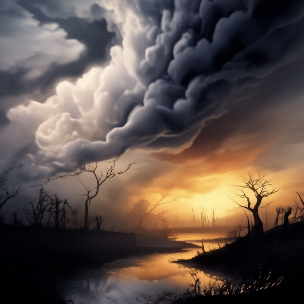 "Drawing in the style of Tim Burton, grunge storm covers the sky with ...