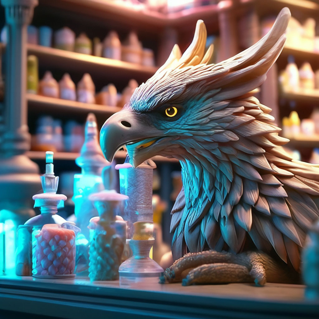 "Magic pharmacy with griffins, aesthetically pleasing, beautiful ...